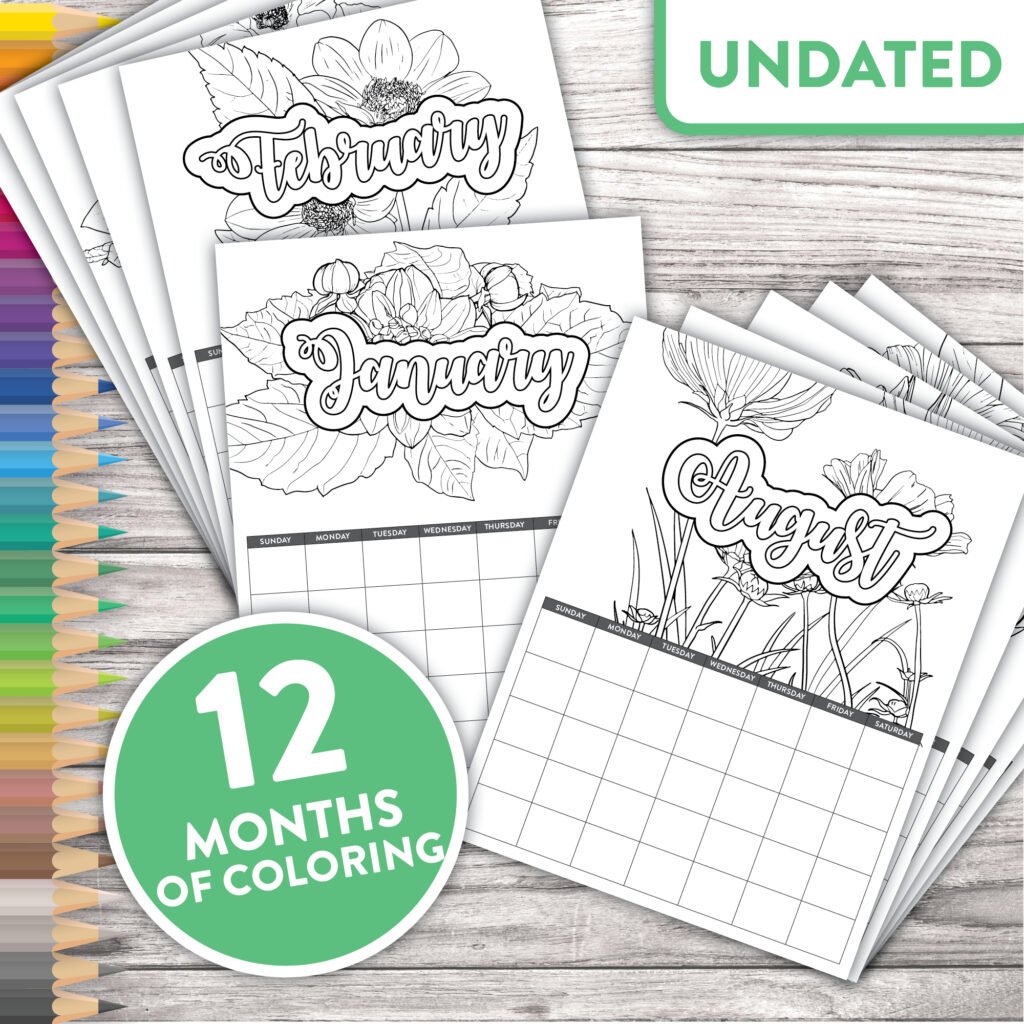 Printable Coloring Calendar Undated | Botanical Floral Desktop Calendar ...