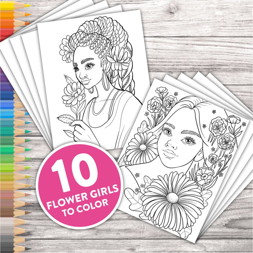 Diverse Women and Girls with Flowers Coloring Pages | Adult Coloring ...